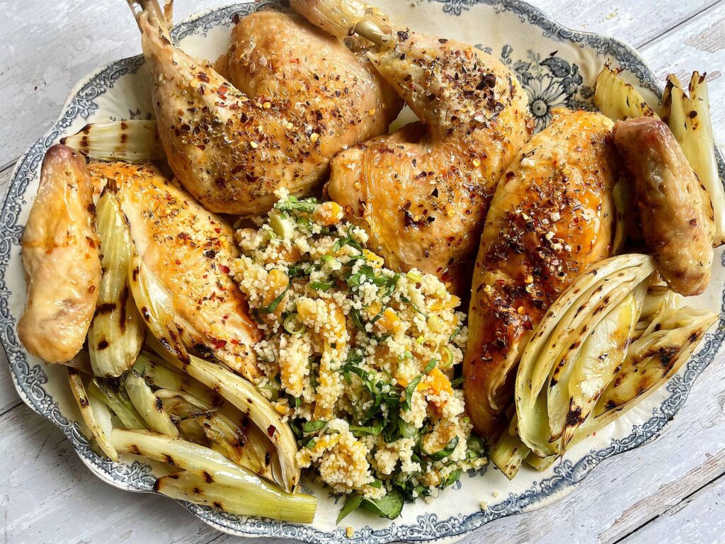Spatchcock Chicken Recipe with Herby Apricot Couscous & Grilled Fennel ...